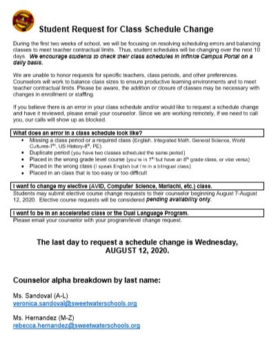 class schedule change – Southwest Middle School class schedule change – Southwest Middle School